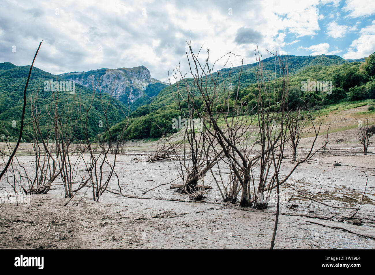 Lake Vagli drained of water, from the river bed Stock Photo - Alamy