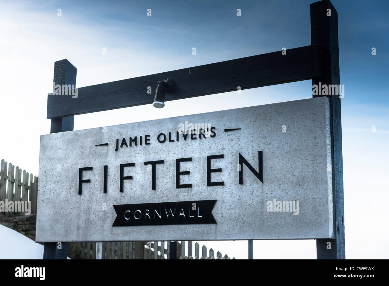The sign for Jamie Olivers Restaurant Fifteen at Watergate in Cornwall ...