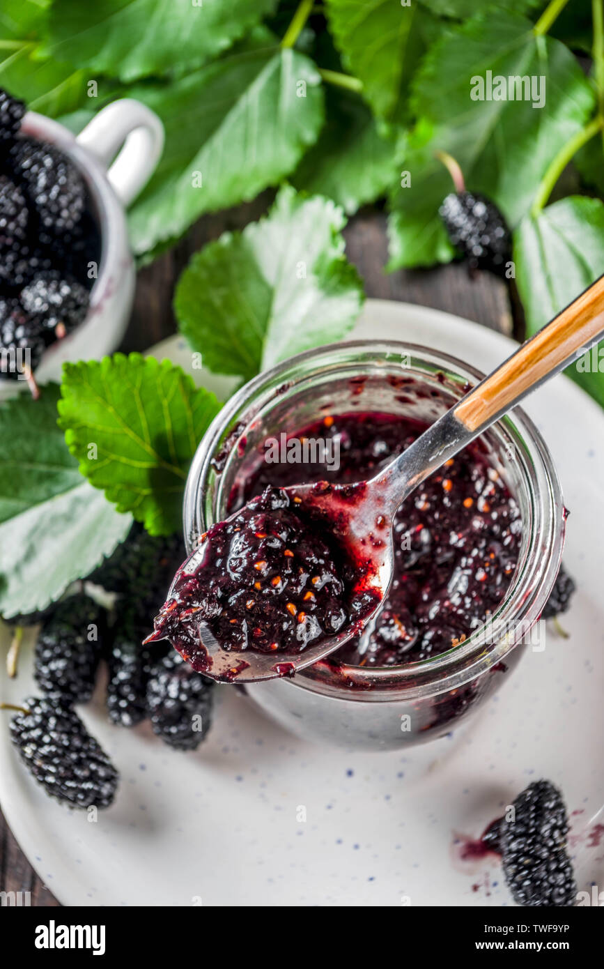 Mulberry Chutney or Jam, with fresh Mulberries, wooden rustic ...