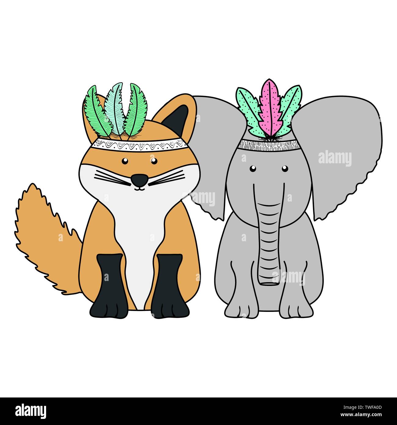 elephant and fox with feathers hats bohemian style vector illustration ...