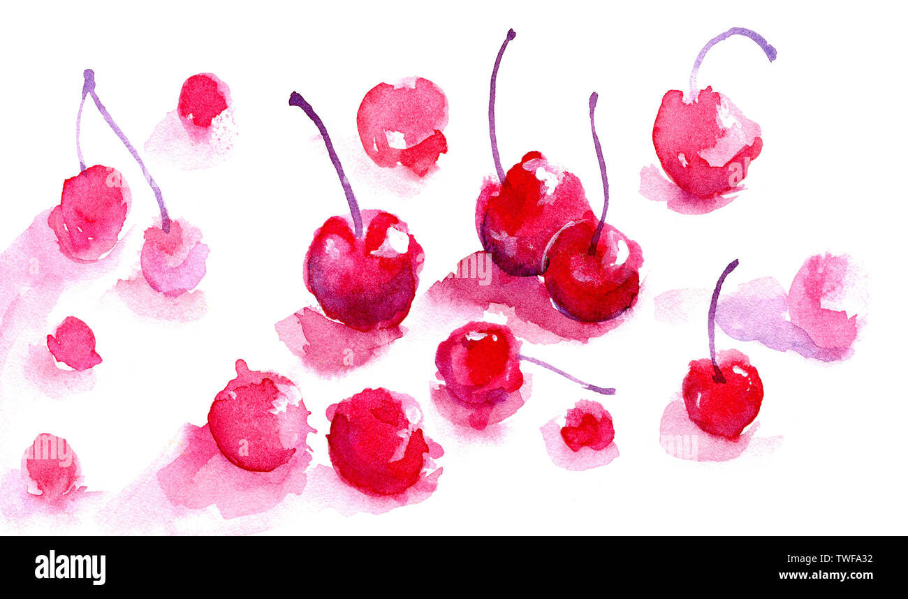 Hand drawn watercolor cherries on white background. Art watercolor ...