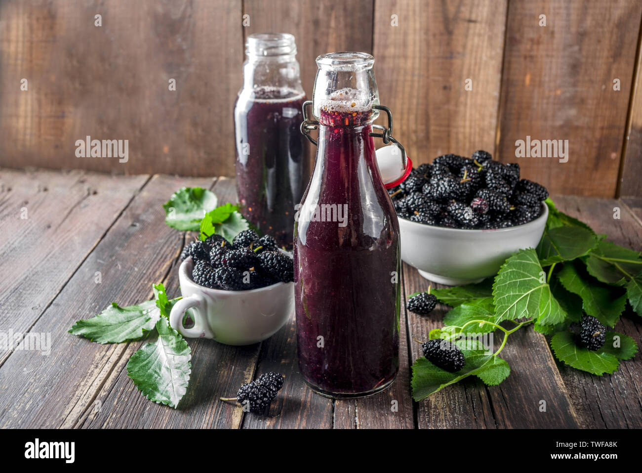 Mulberry Shrub, Juice or liqueur in glass bottles, with fresh ...