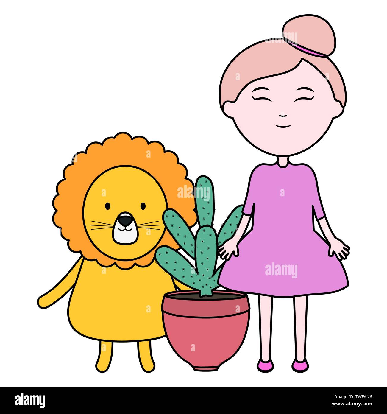 cute lion and girl with exotic cactus in ceramic pot vector ...