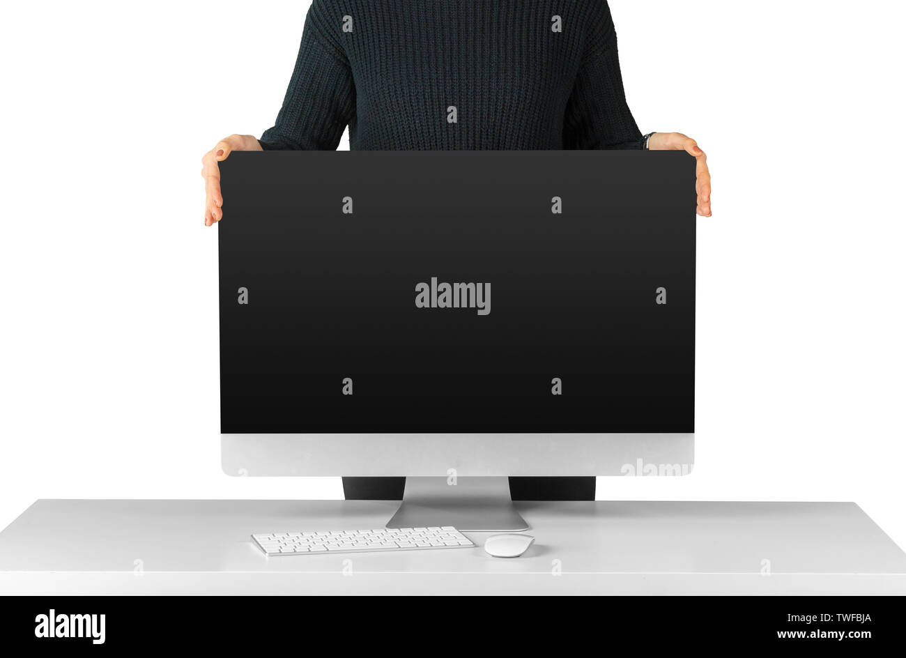 Man holding and showing black computer monitor screen isolated on white ...