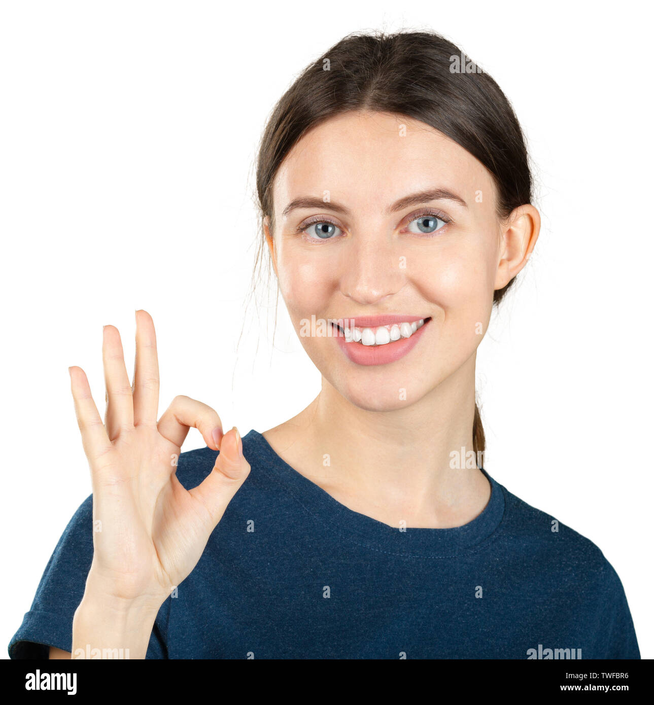 woman shows ok sign. Isolated Stock Photo - Alamy