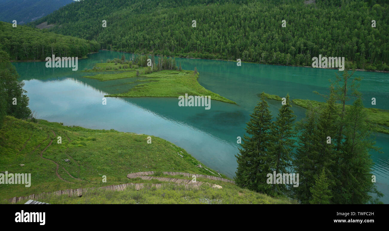 Landscape of green grassland of Kanas River in Kanas Lake, Altai ...