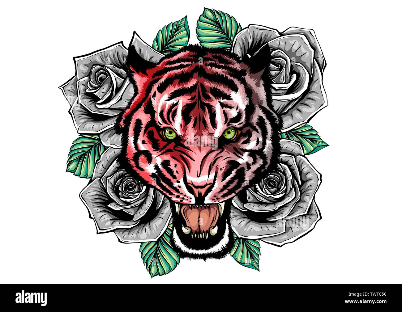 vector illustration of roaring tiger head and roses tattoo Stock Vector ...