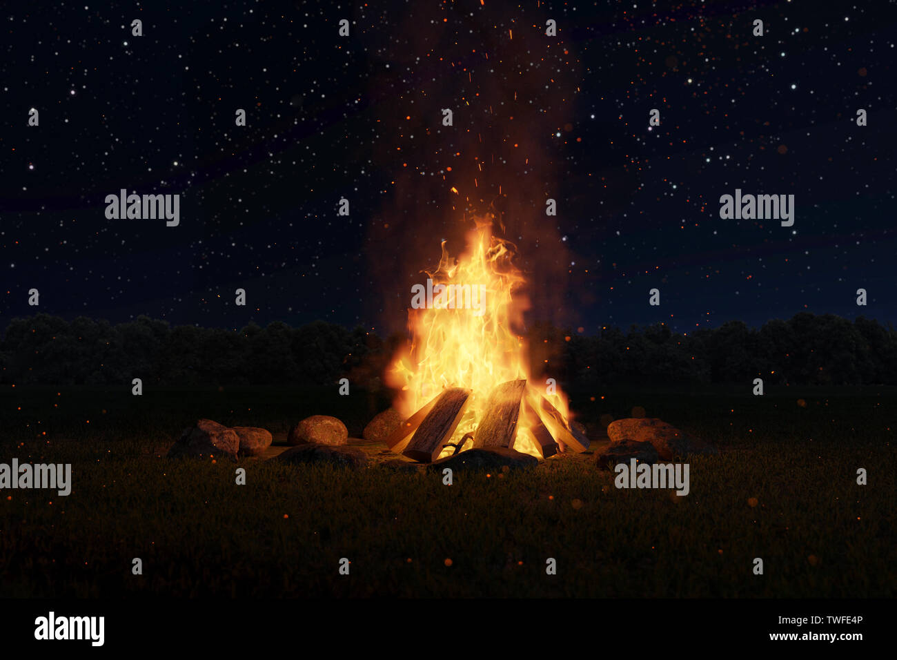 3d rendering of big bonfire with sparks and particles in front of ...