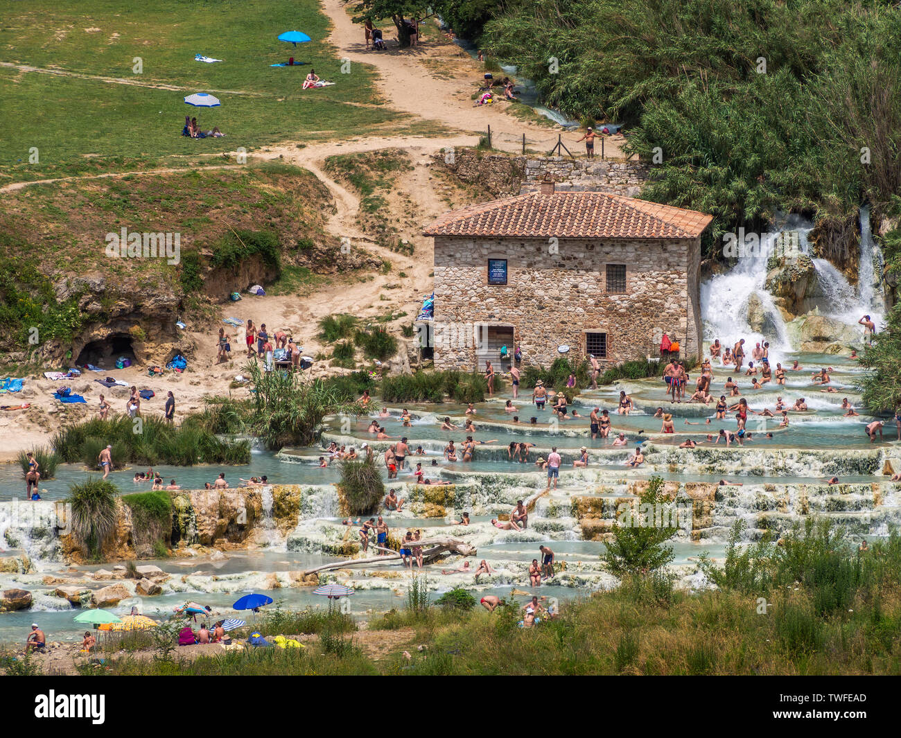 SATURNIA, TUSCANY, ITALY - JUNE 15, 2019: View of Saturnia thermal spa ...