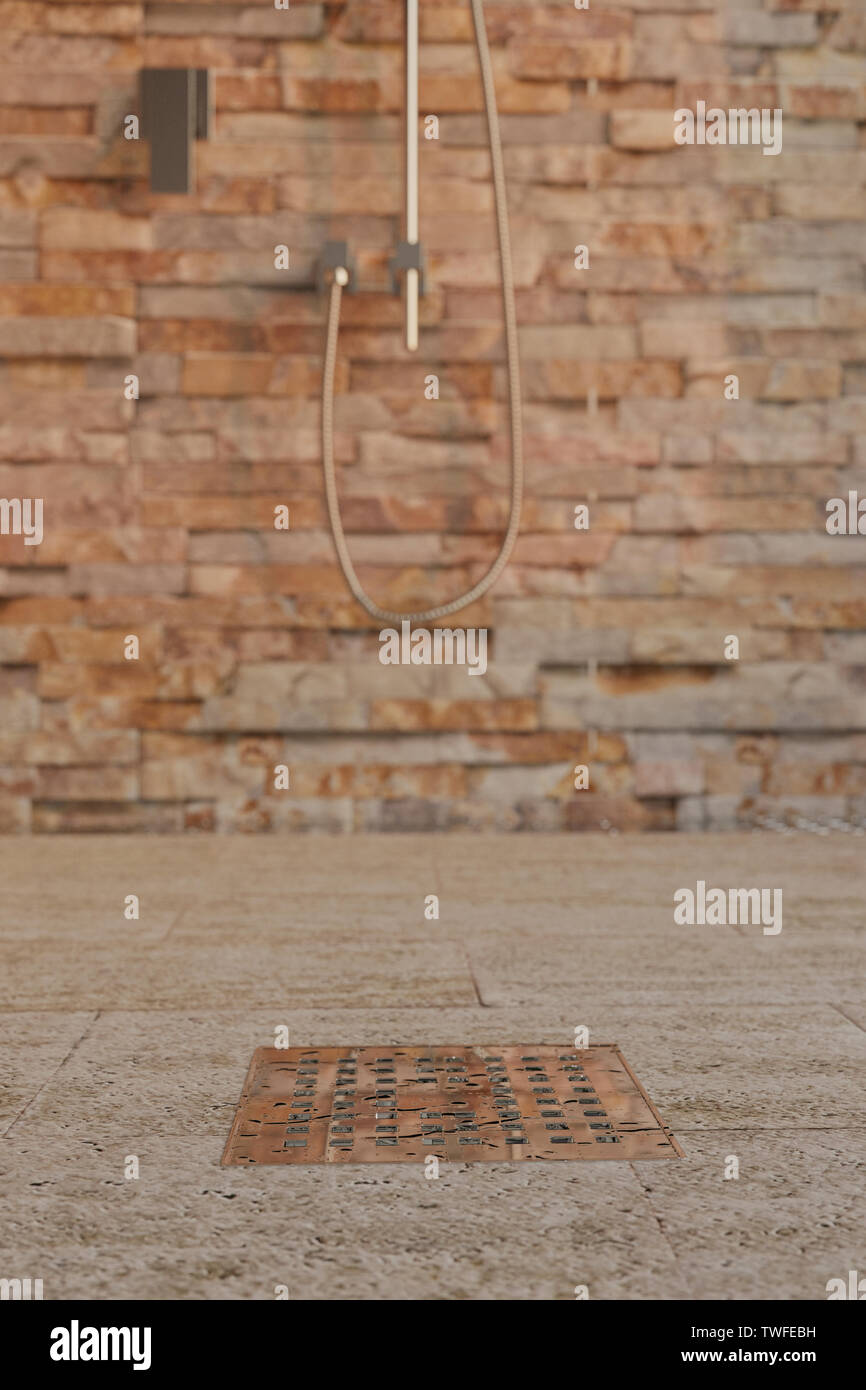 3d rendering of water drops on chrome metal gutter in front of natural ...