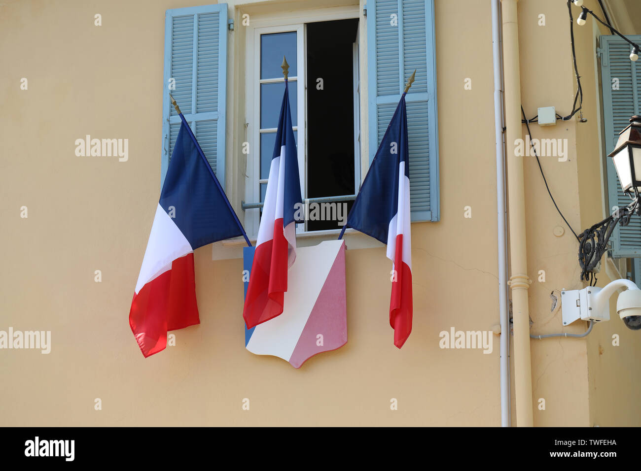 French Tricolor Flags On The Town Hall (La Mairie) Of Castellar In ...