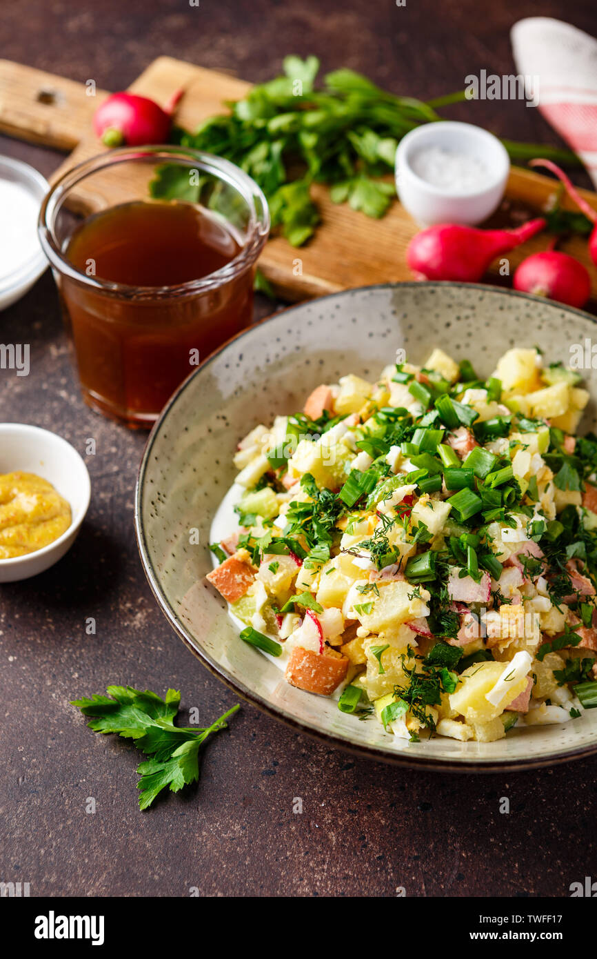 Cold Russian Soup Okroshka with sausage, vegetables and kvass in bowl ...