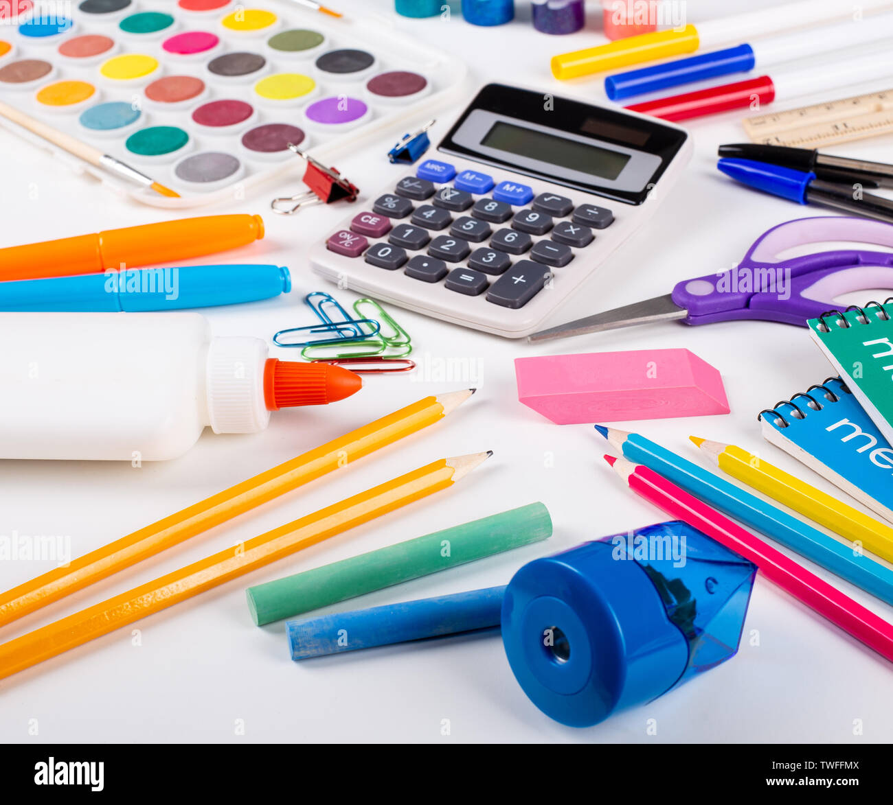 Variety of colorful school supplies on a white background Stock Photo ...