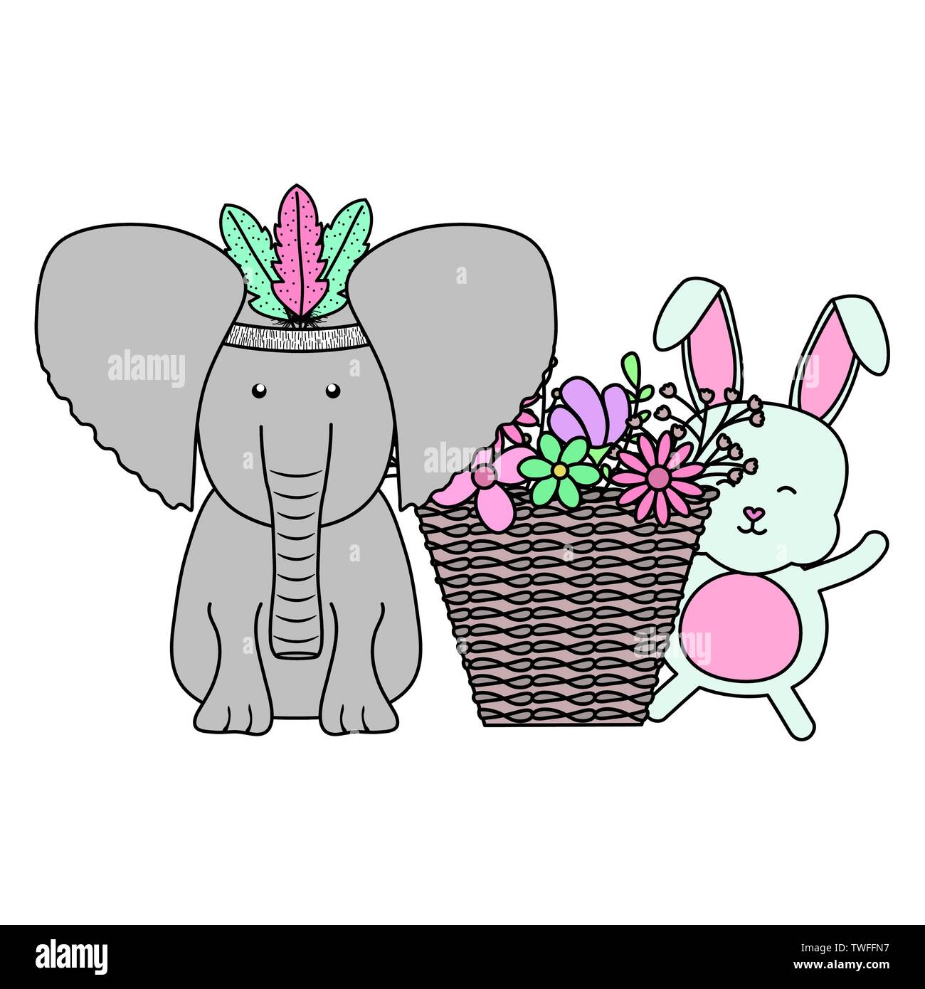 elephant and rabbit with feathers hat and basket of flowers vector ...