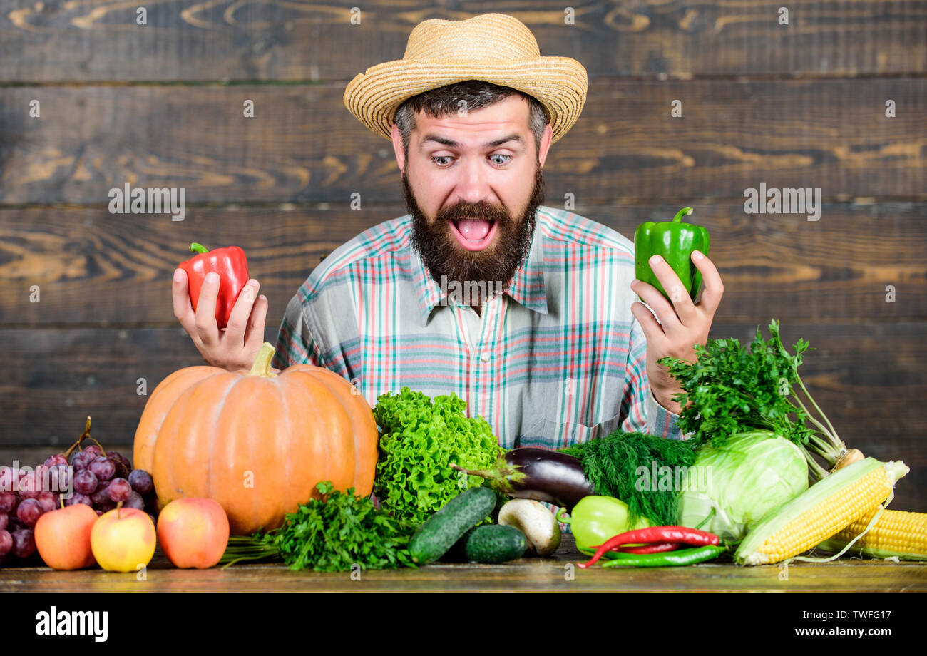 Man mature bearded farmer hold vegetables wooden background. Sell ...