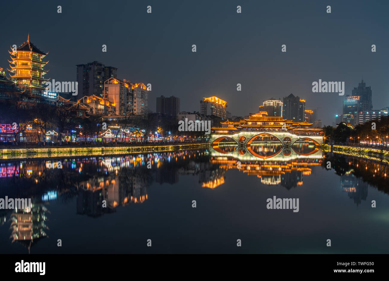 Chengdu Nine Eye Bridge Anshun covered bridge night view Stock Photo ...