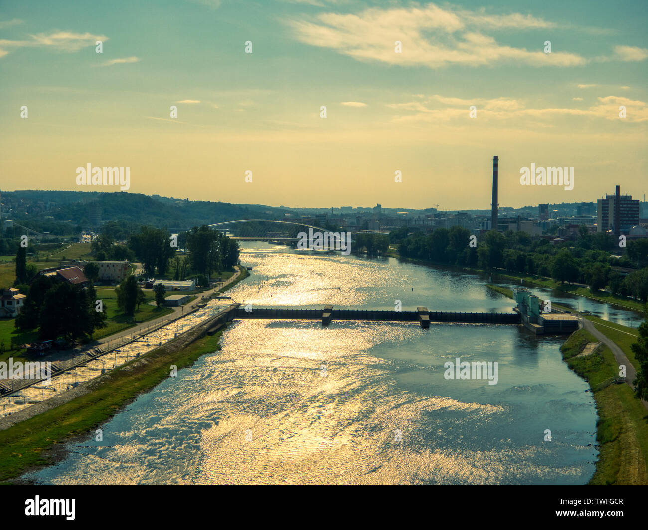 aerial view of Vltava River with Troja Bridge in the Background in ...