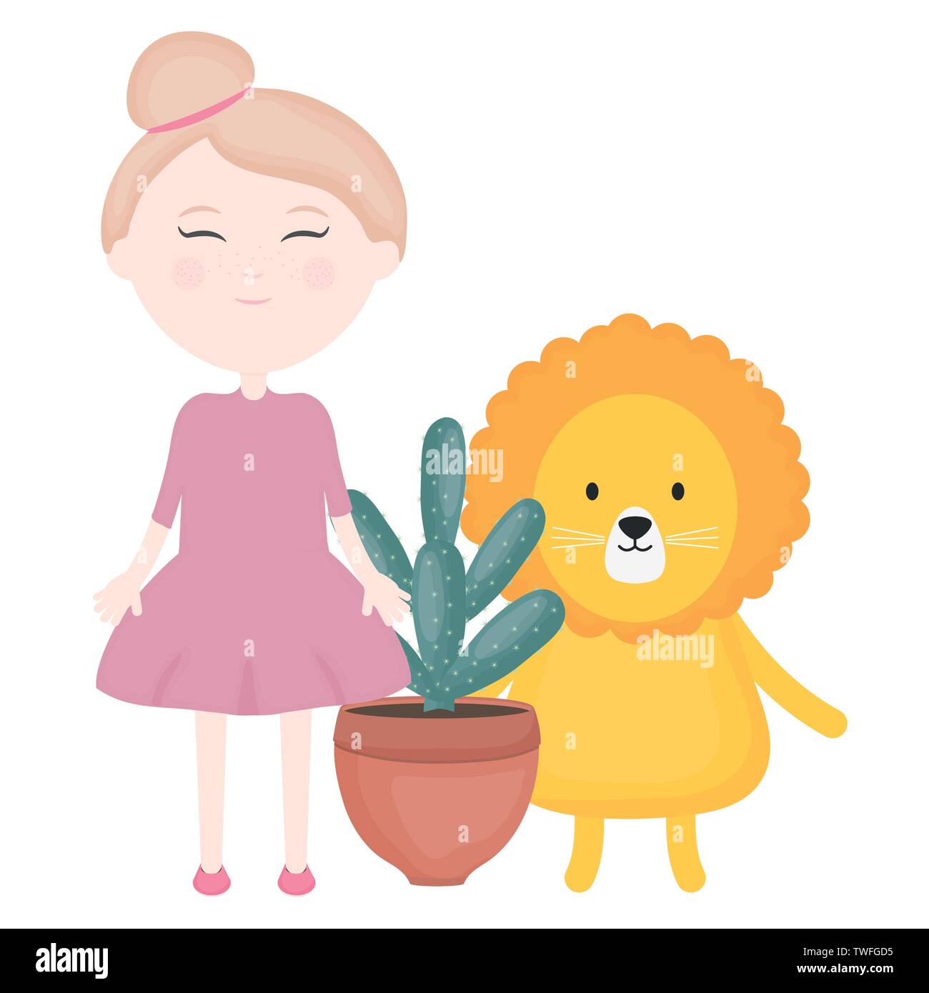 cute lion and girl with exotic cactus in ceramic pot vector ...