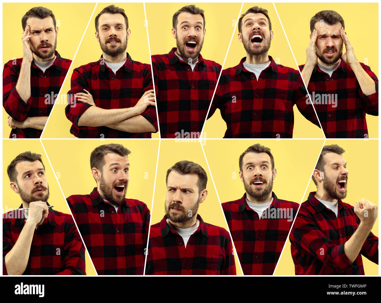 Portrait of young man on yellow background. The human emotions, facial ...