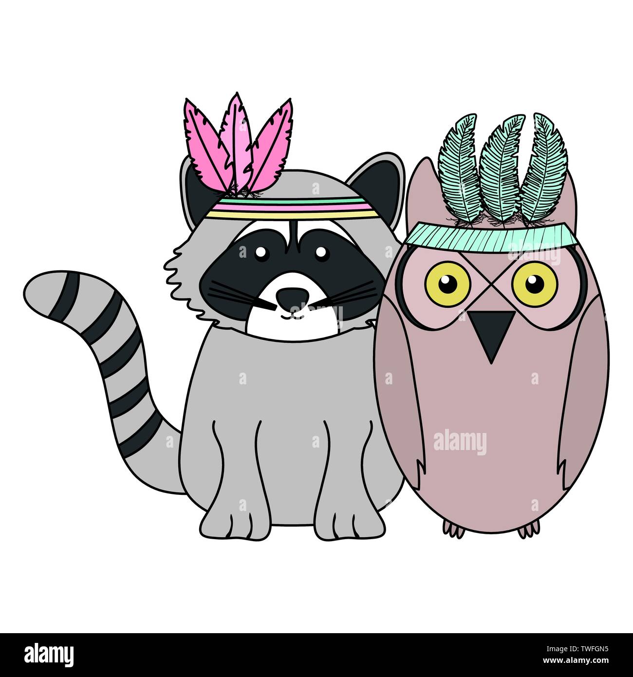 owl bird and raccoon with feathers hats bohemian style vector ...