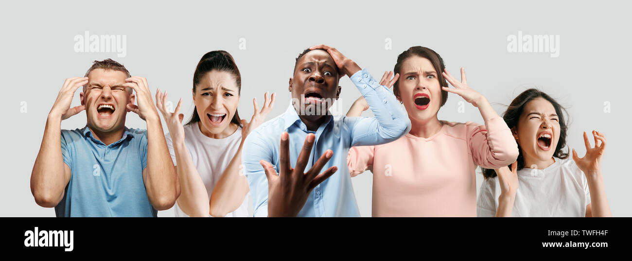 Horrible, stress, shock. Half-length portrait isolated at white studio ...