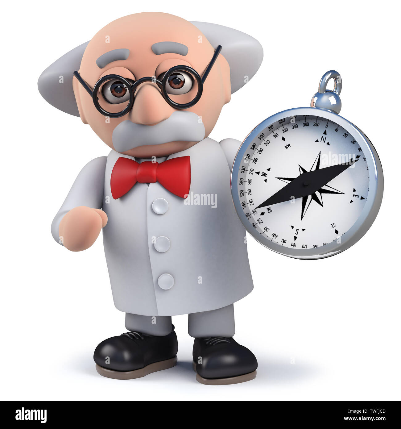 Render of a 3d mad scientist character holding a magnetic compass Stock ...