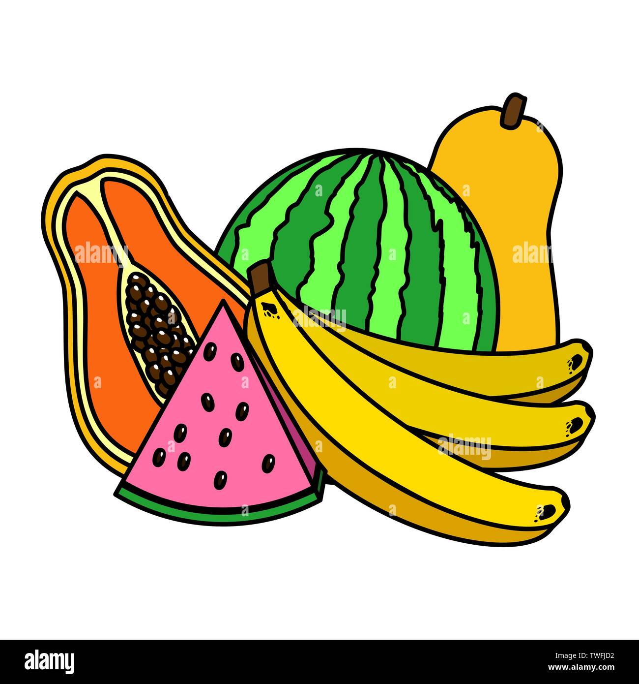 watermelon banana papaya tropical fruits vector illustration Stock ...