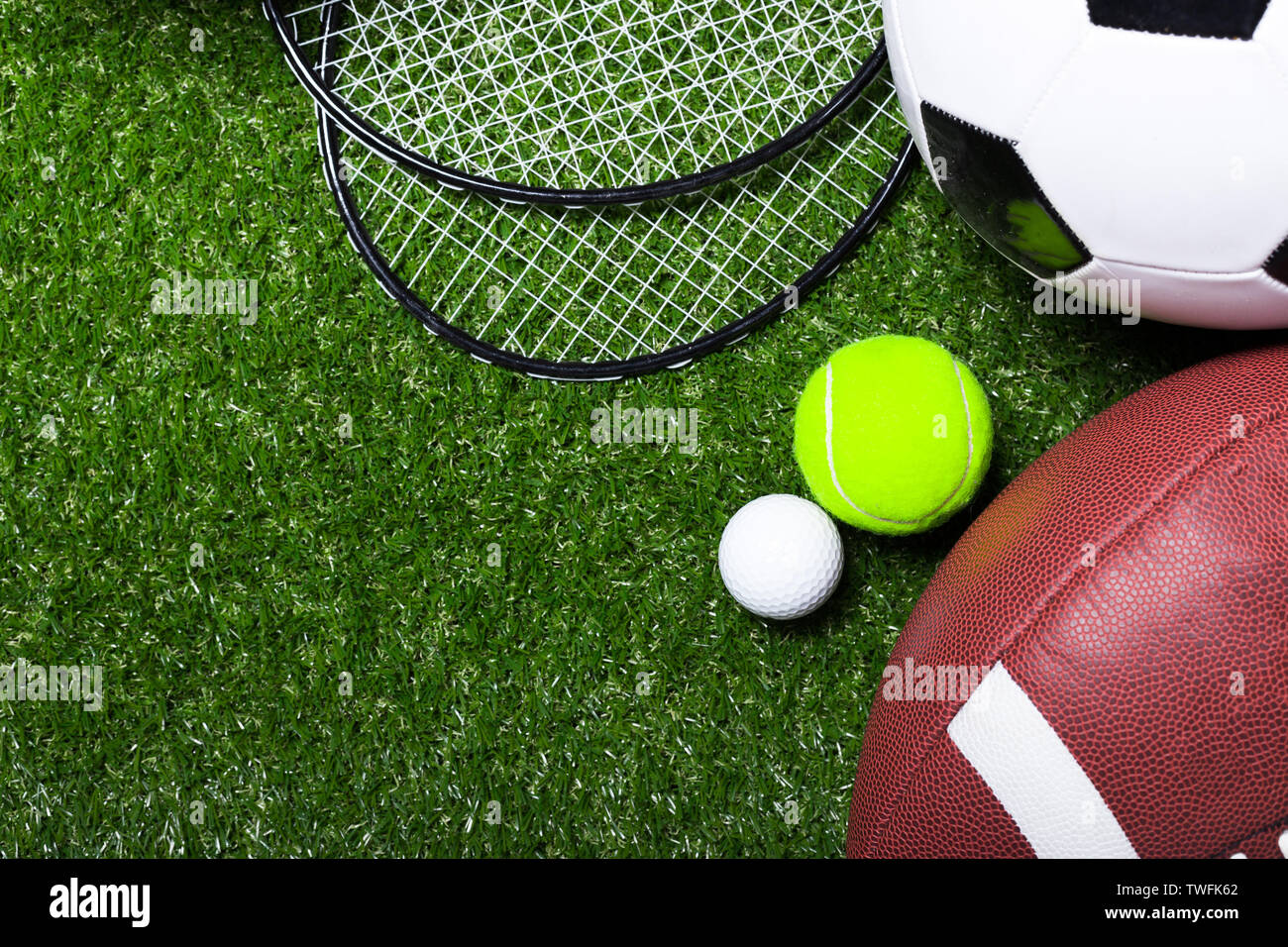 Various sport tools on grass Stock Photo - Alamy