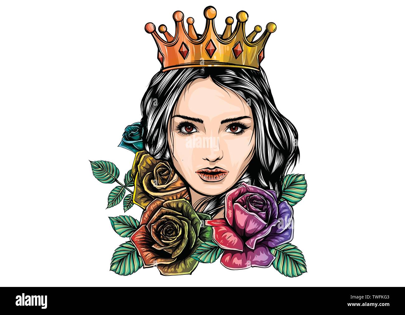 Beautiful girl in crown. Girl with long hair. Vector illustration for a ...