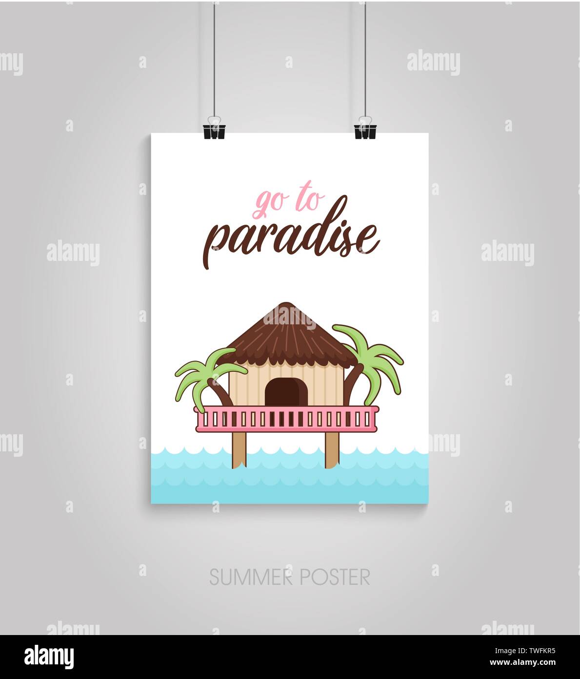 Summer flyer card with tropical island and palm tree. Go to paradise ...