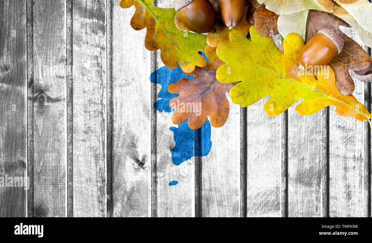 Korean Unification flag on autumn wooden background with leaves and ...