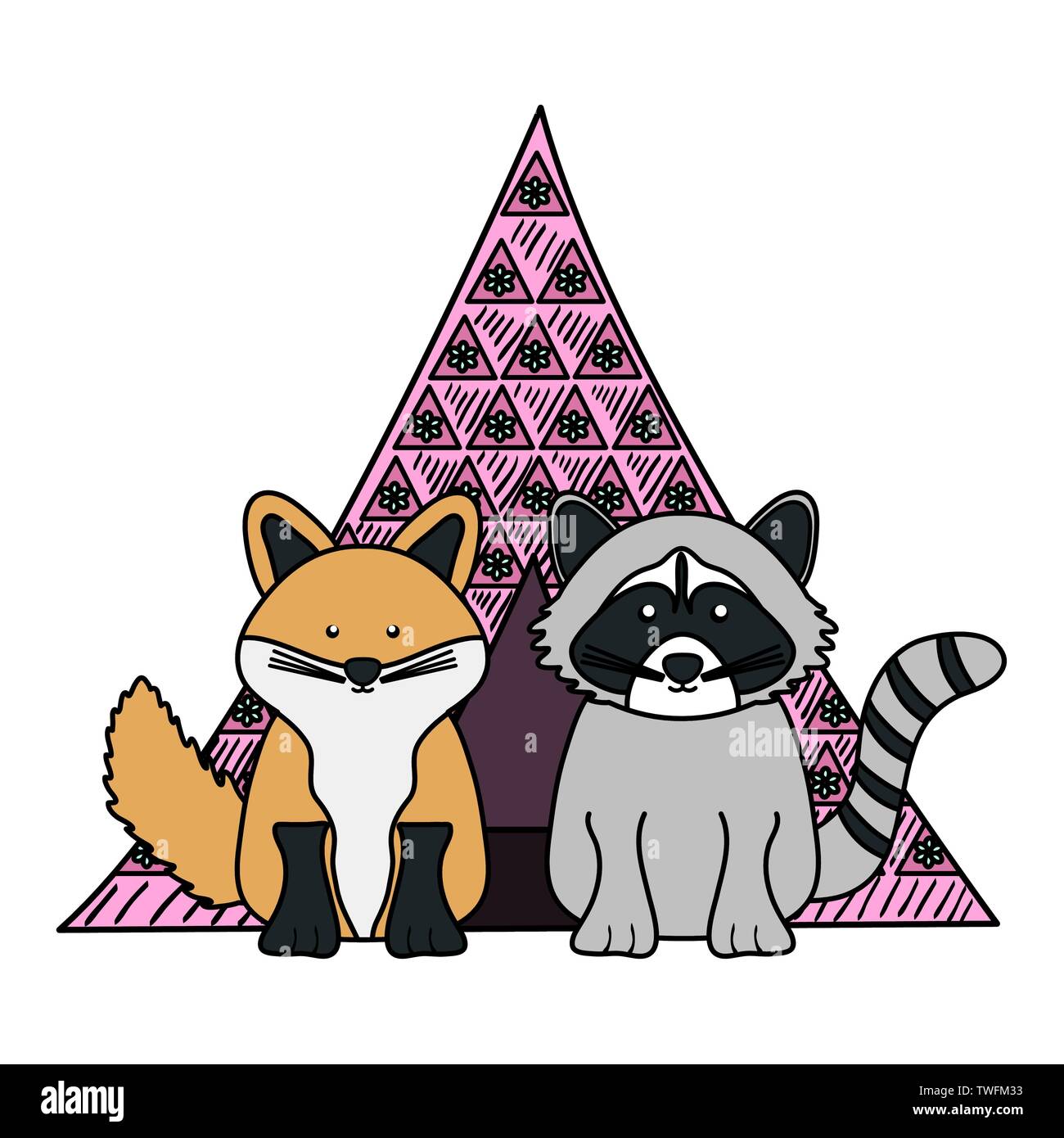cute fox and raccoon with indian tent bohemian vector illustration ...