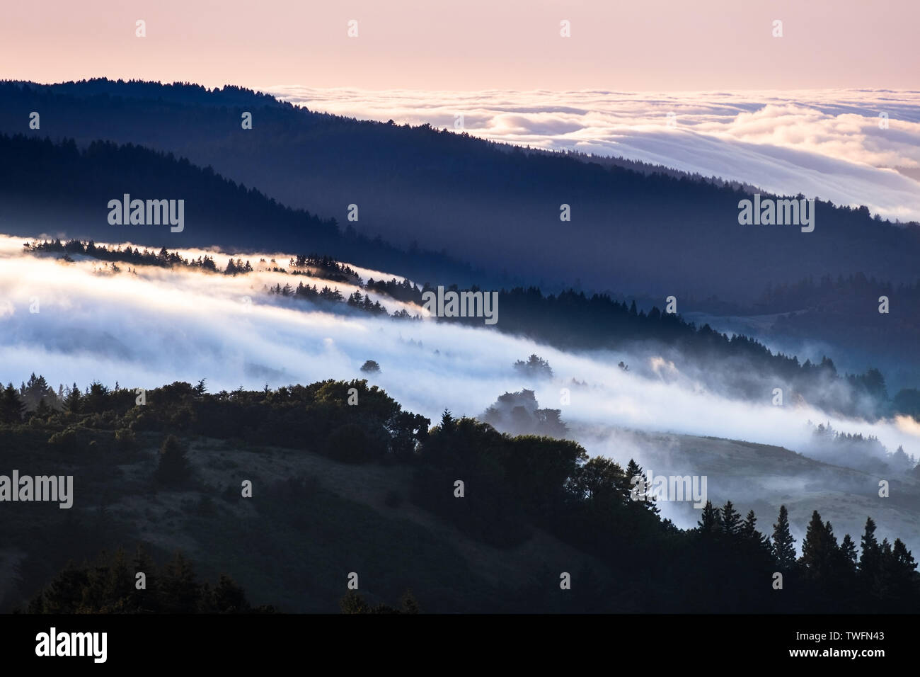 Sunset view of fog and clouds covering valleys in the Santa Cruz ...