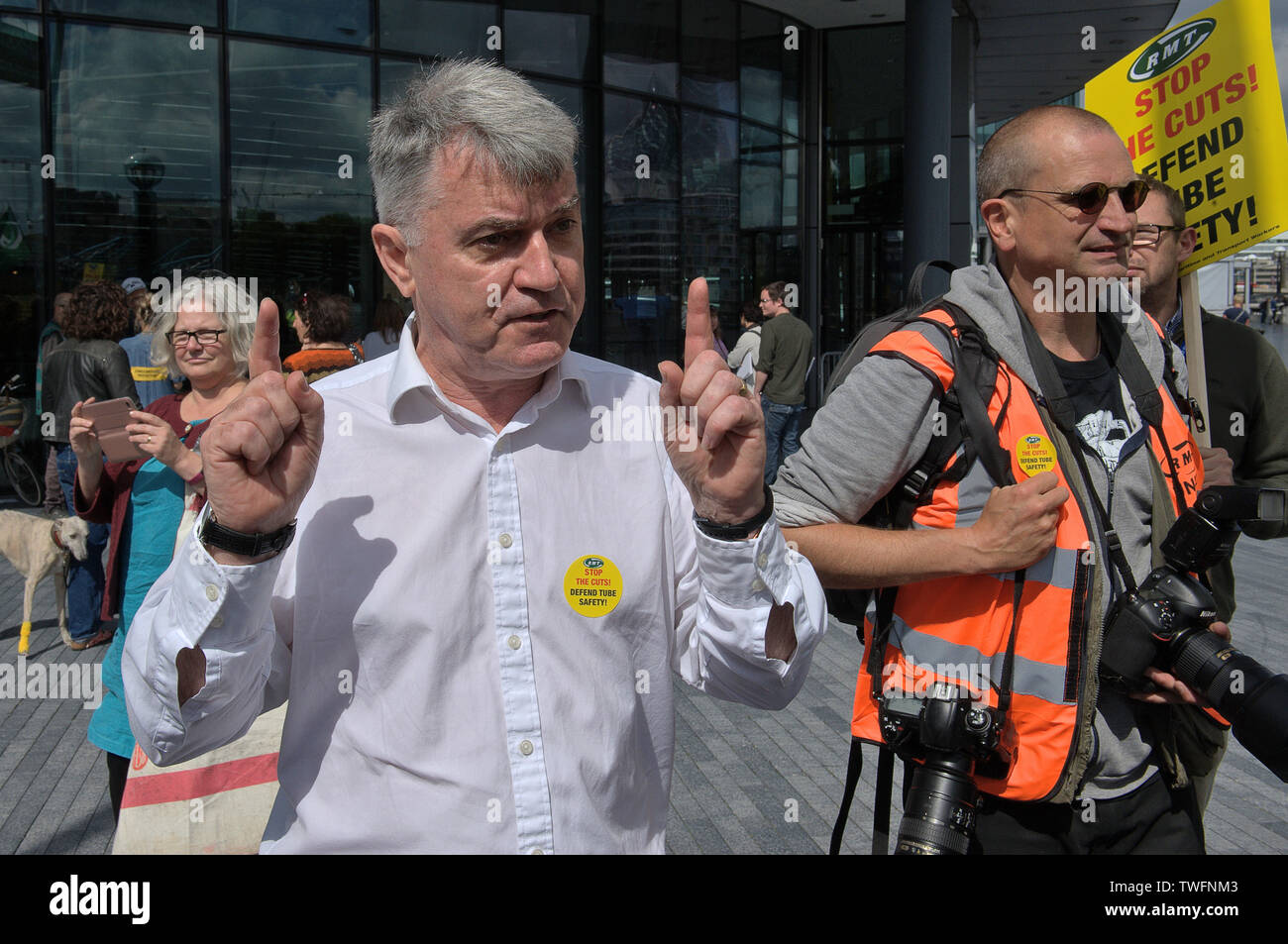 Mick Cash the General Secretary of the RMT rail union leads a protest ...