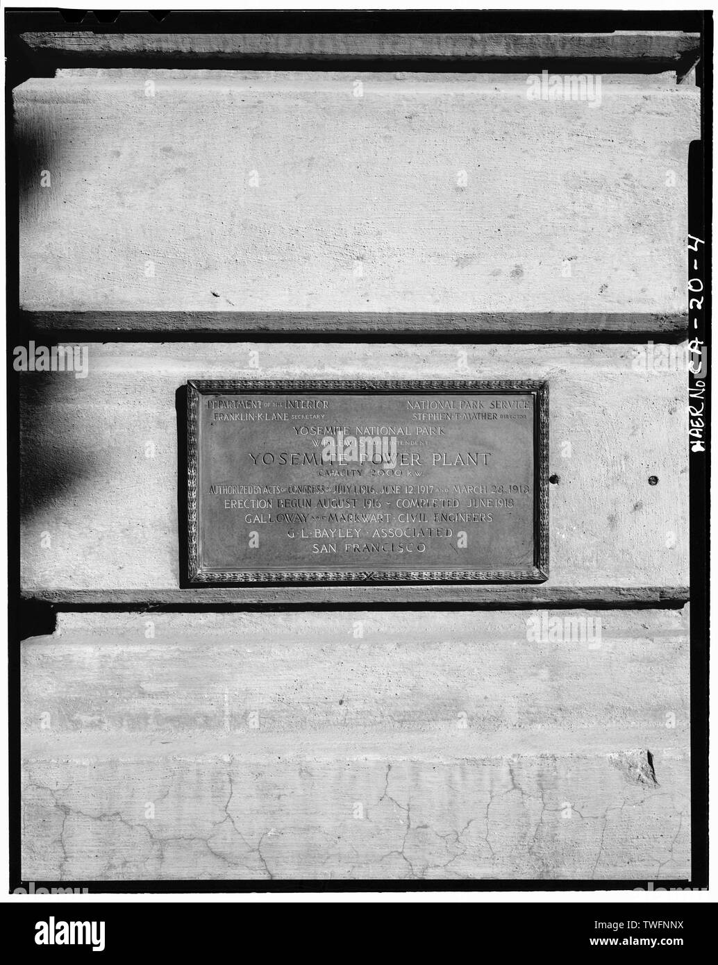 POWERHOUSE, PLAQUE ON SOUTH WALL AT ENTRY - Yosemite Hydroelectric ...