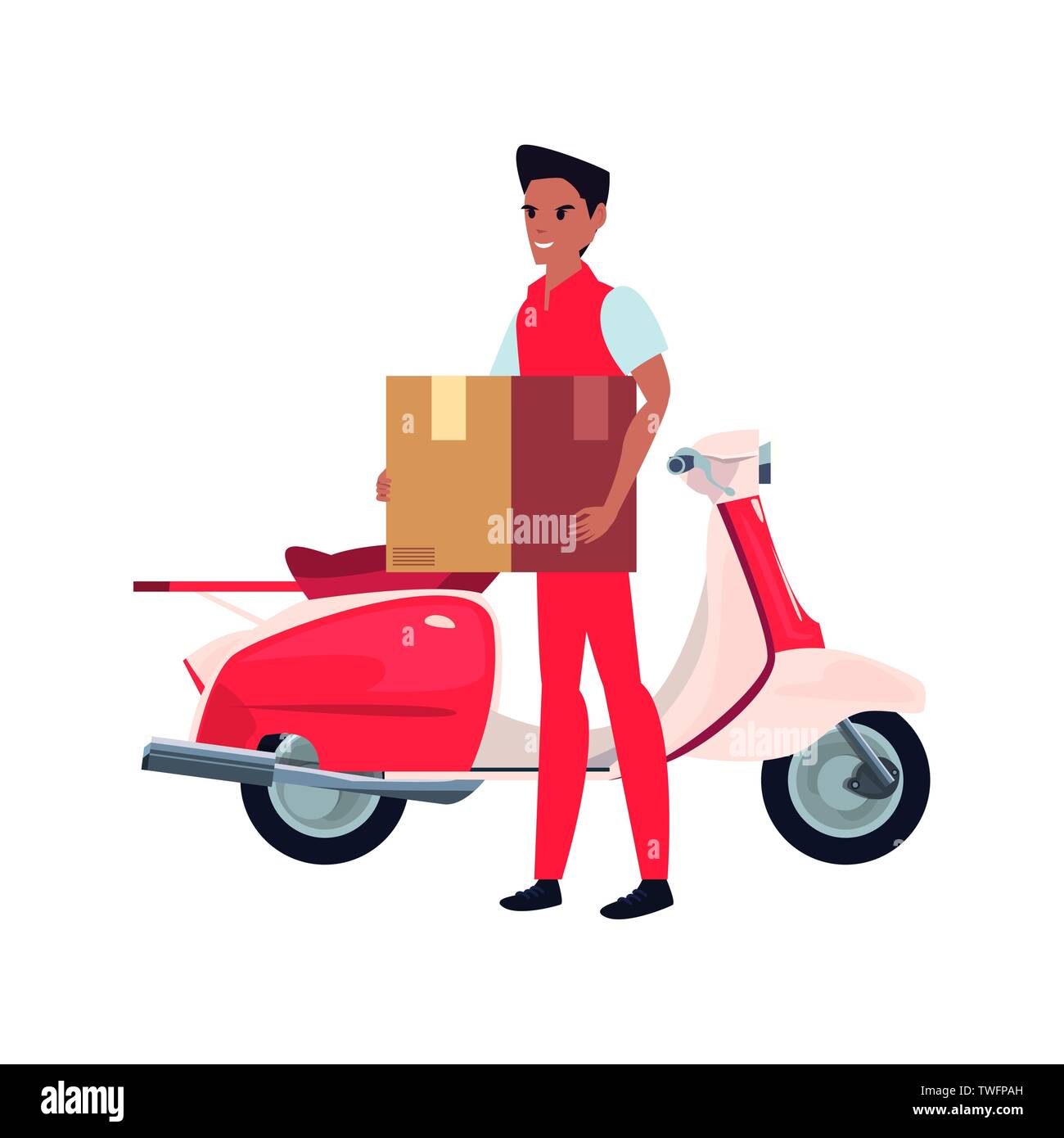 man with box and motorcycle fast delivery logistic vector illustration ...