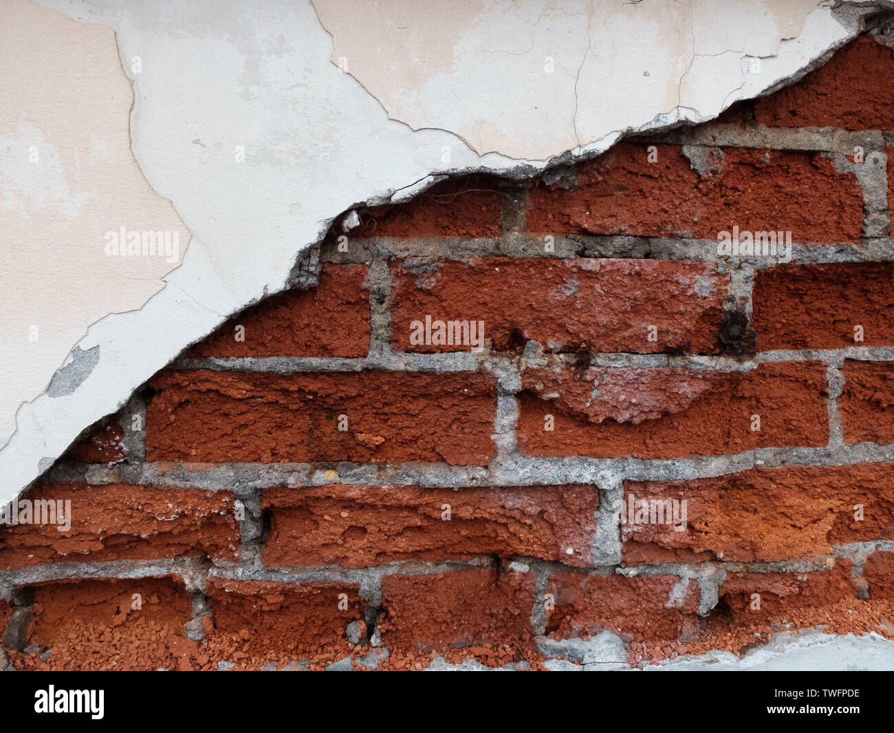Decaying of erosion mossy red brick wall with remains of plaster of ...