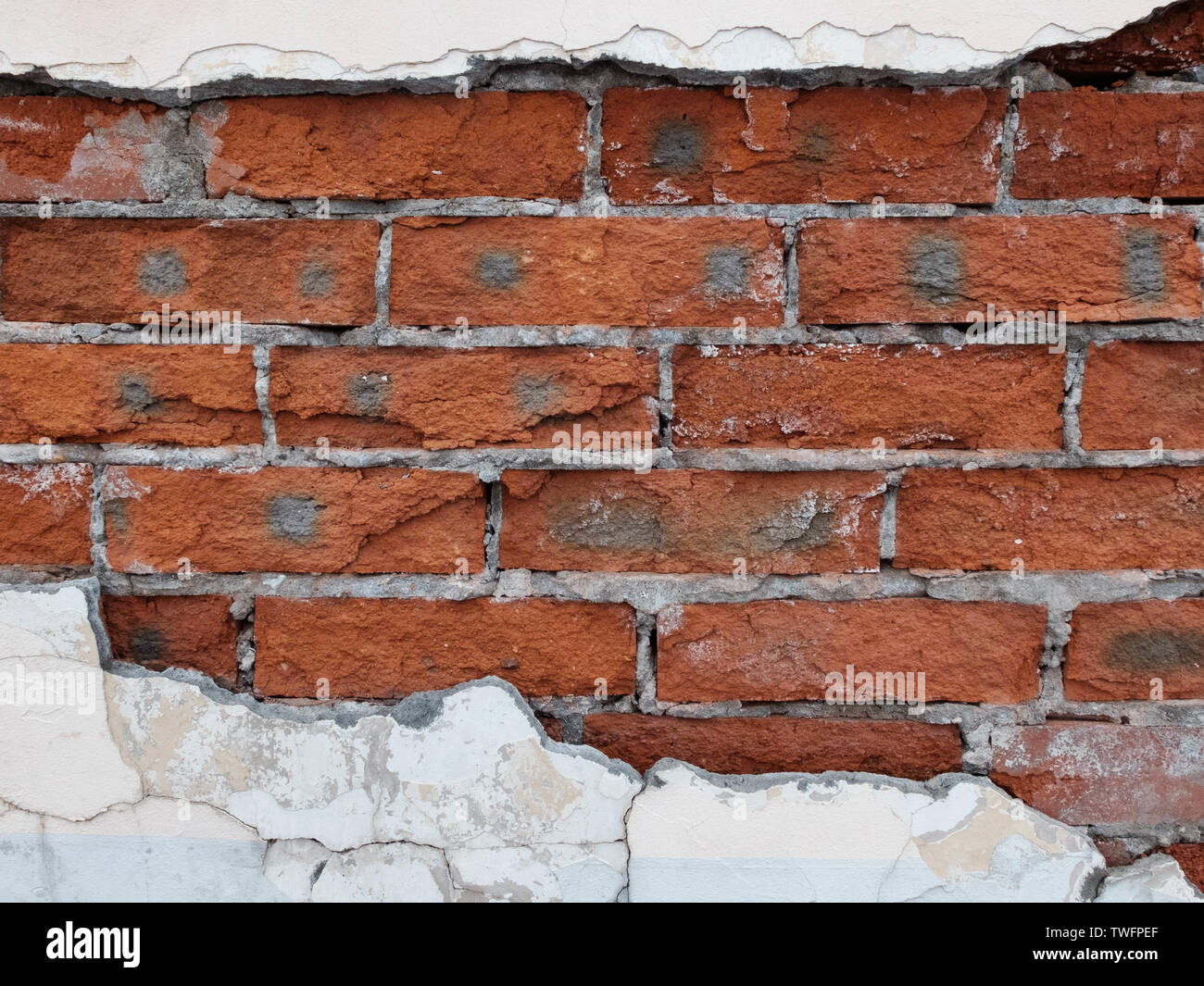Decaying of erosion mossy red brick wall with remains of plaster of ...