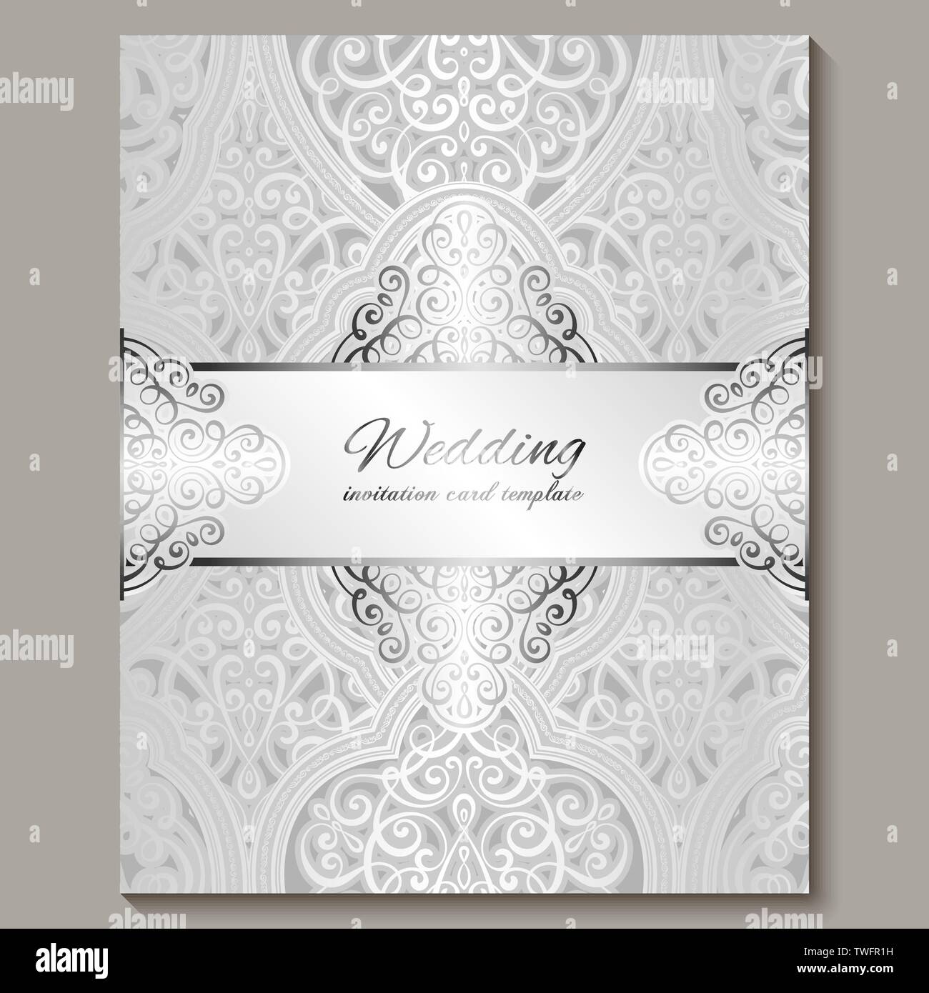 Wedding invitation card with silver shiny eastern and baroque rich ...
