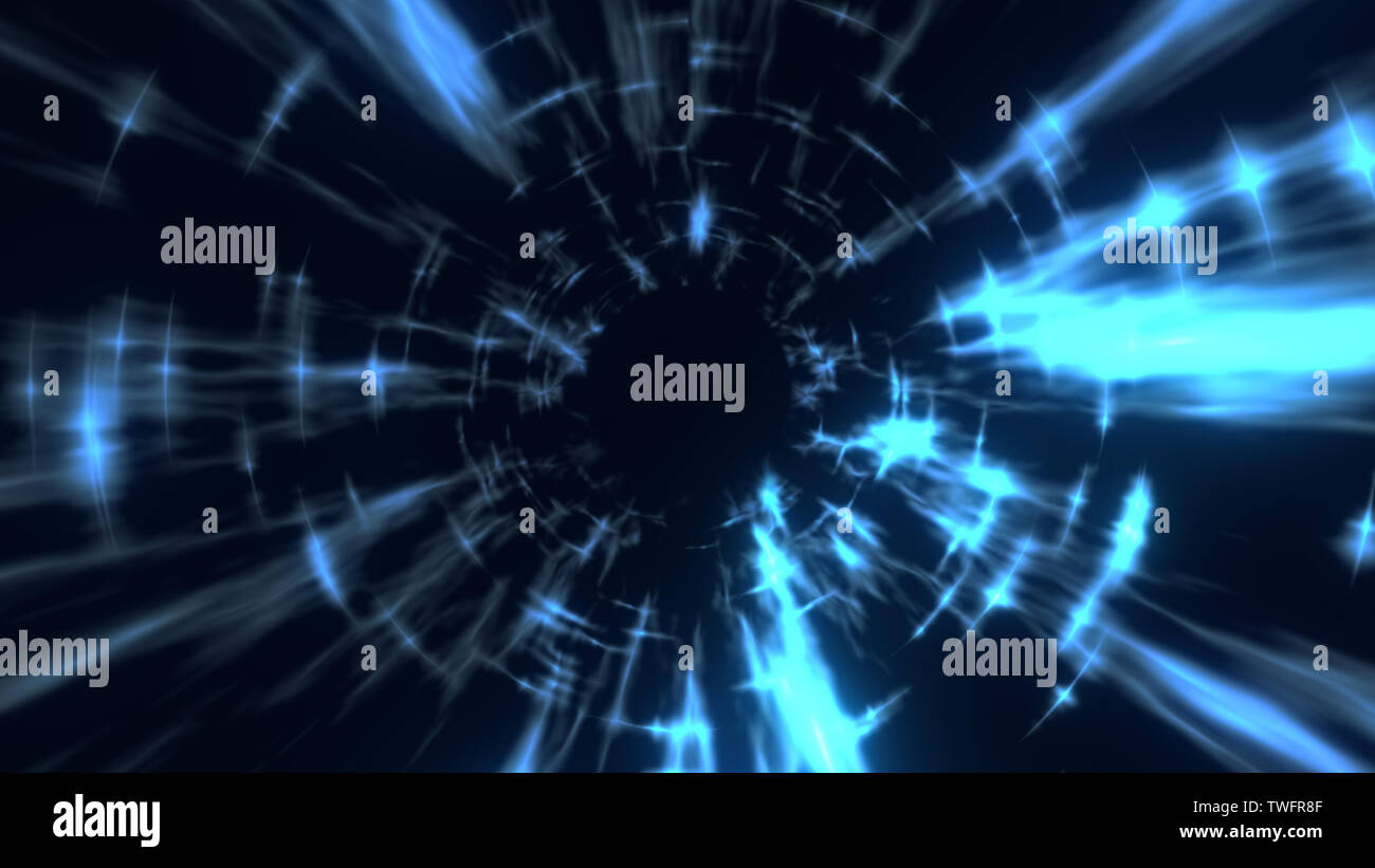The travel through a blue wormhole filled with star. Warp in science ...