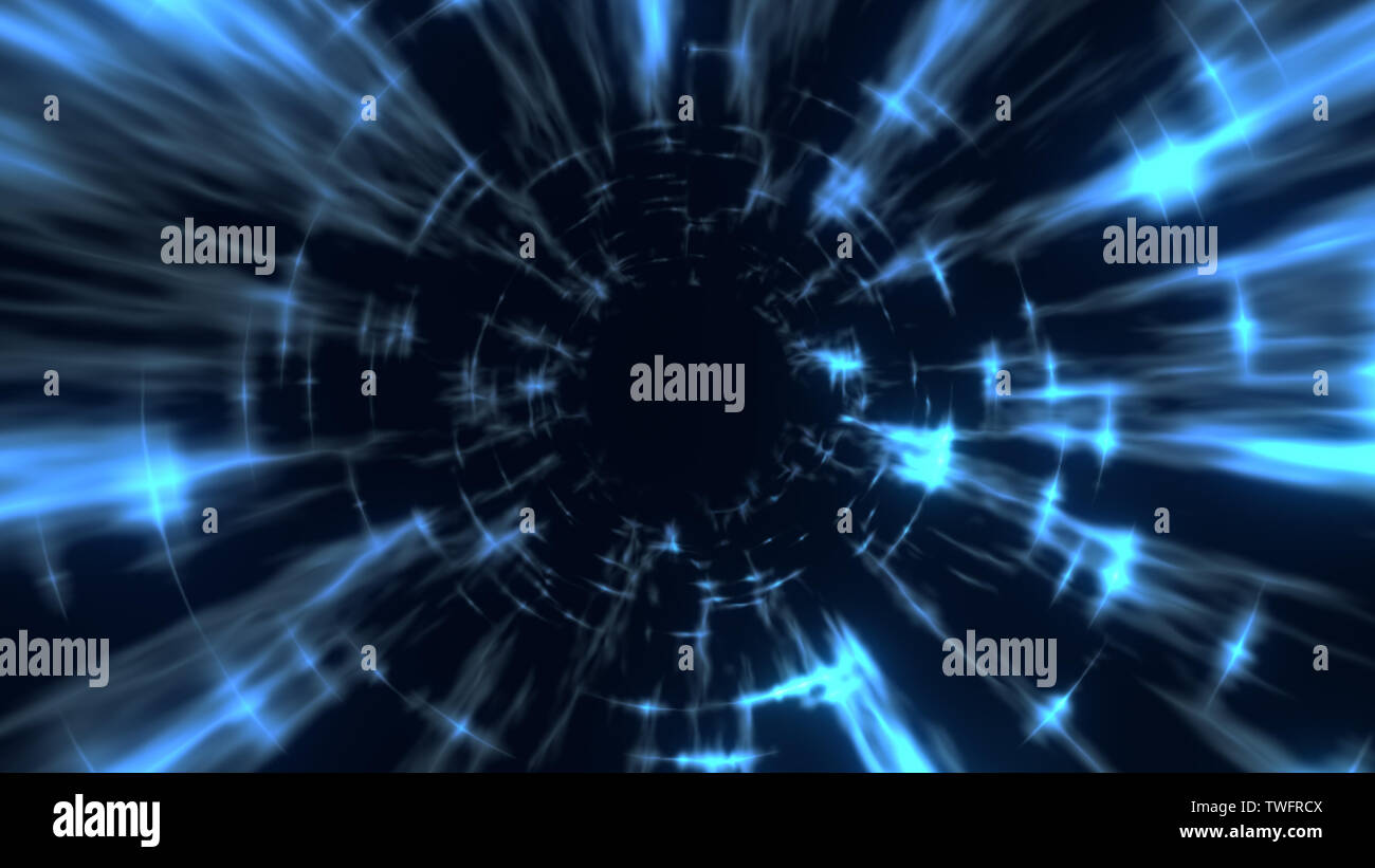 The travel through a blue wormhole filled with star. Warp in science black hole vortex ...