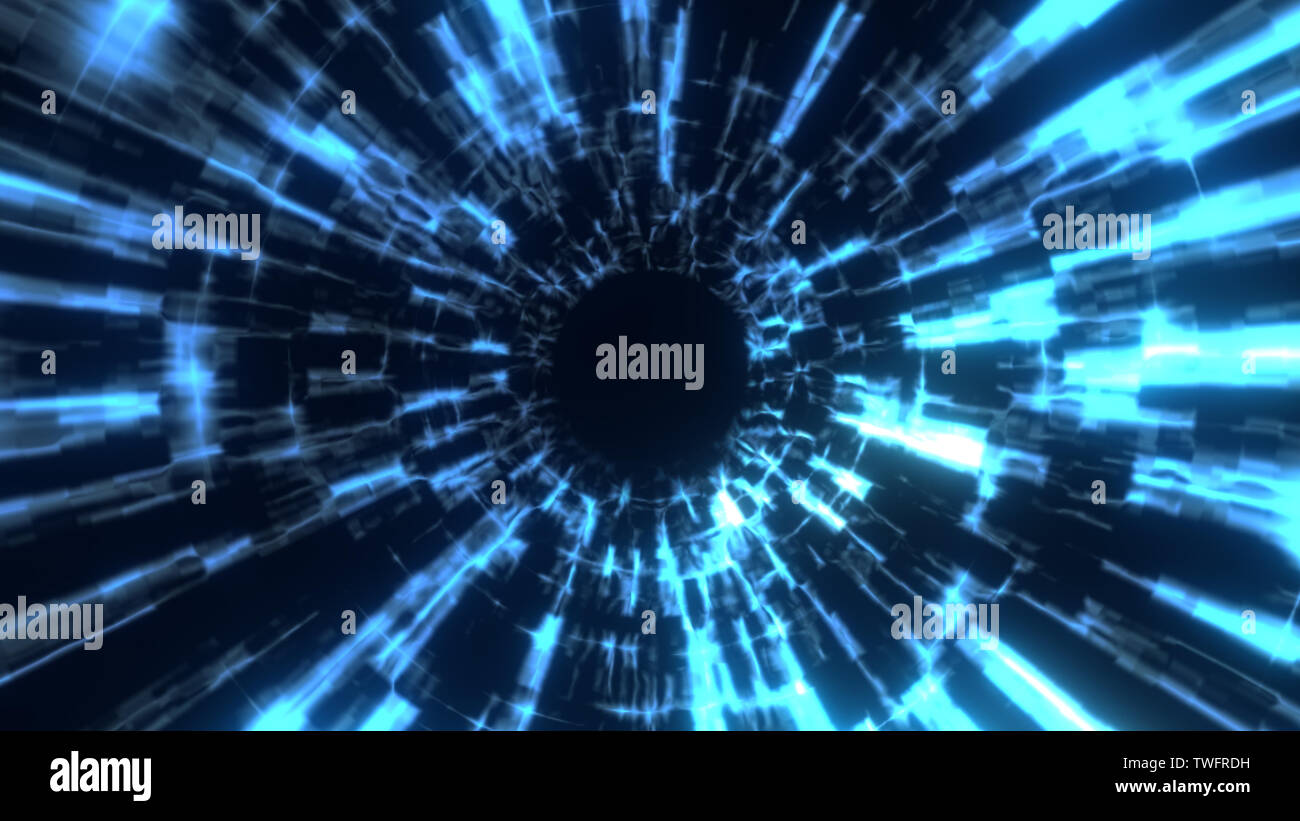 The travel through a blue wormhole filled with star. Warp in science black hole vortex ...