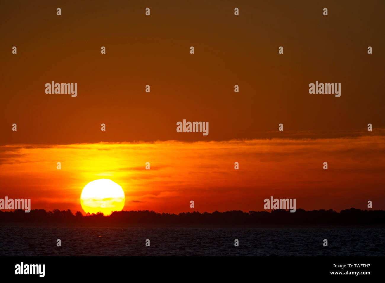 The sun glowing yellow and orange as it rises over the water and trees ...