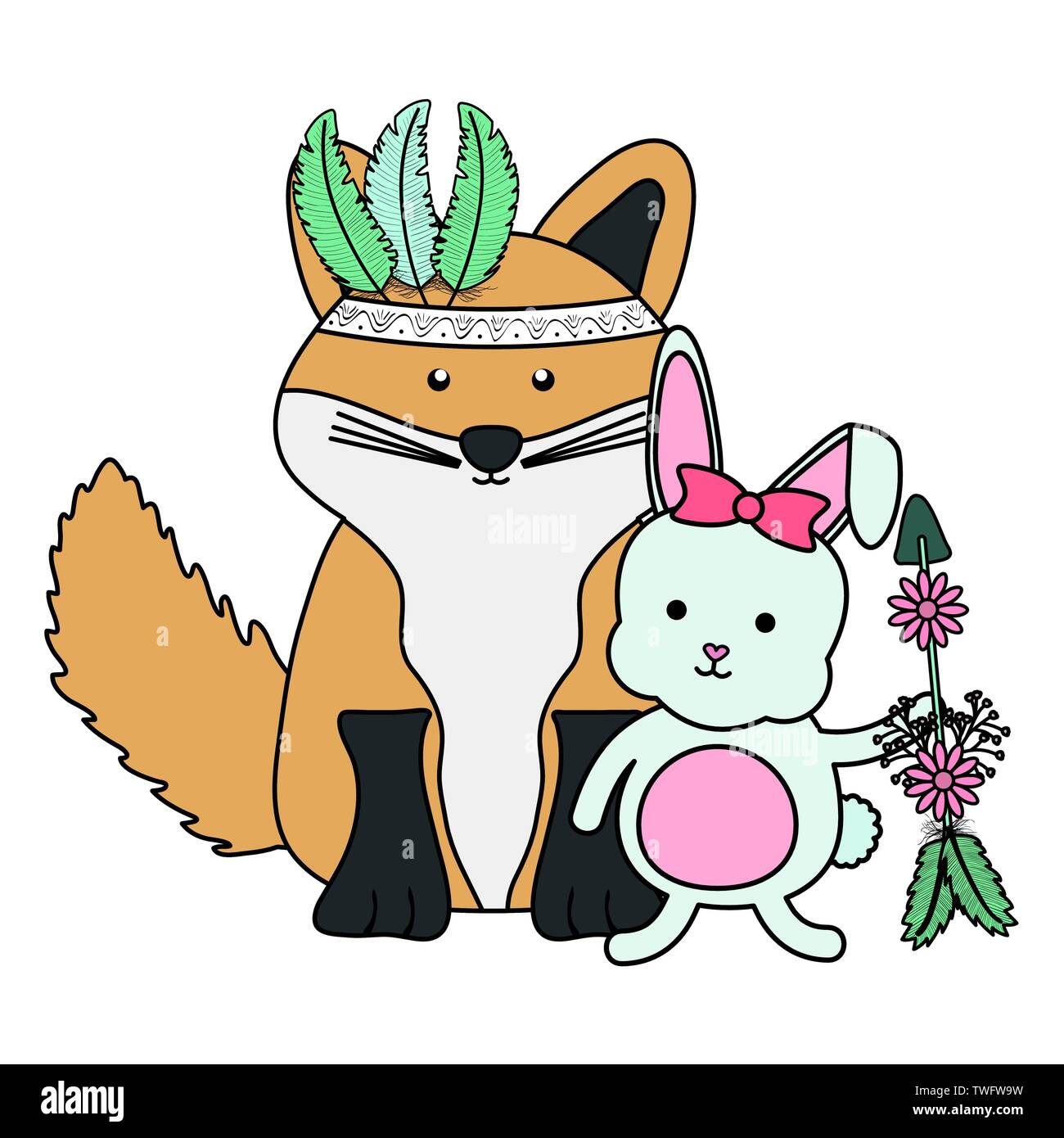 cute fox and rabbit with feathers hat and arrow bohemian vector ...