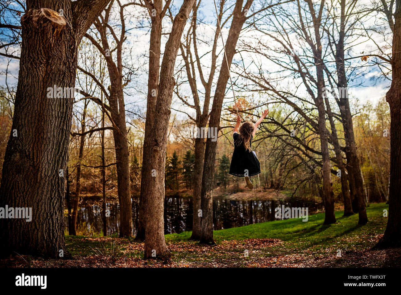 Girl swinging on a rope swing in the garden, United States Stock Photo ...