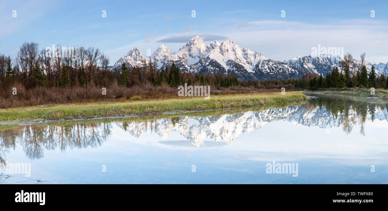 Panoramic Views of the Grand Teton mountain range with snake river from ...
