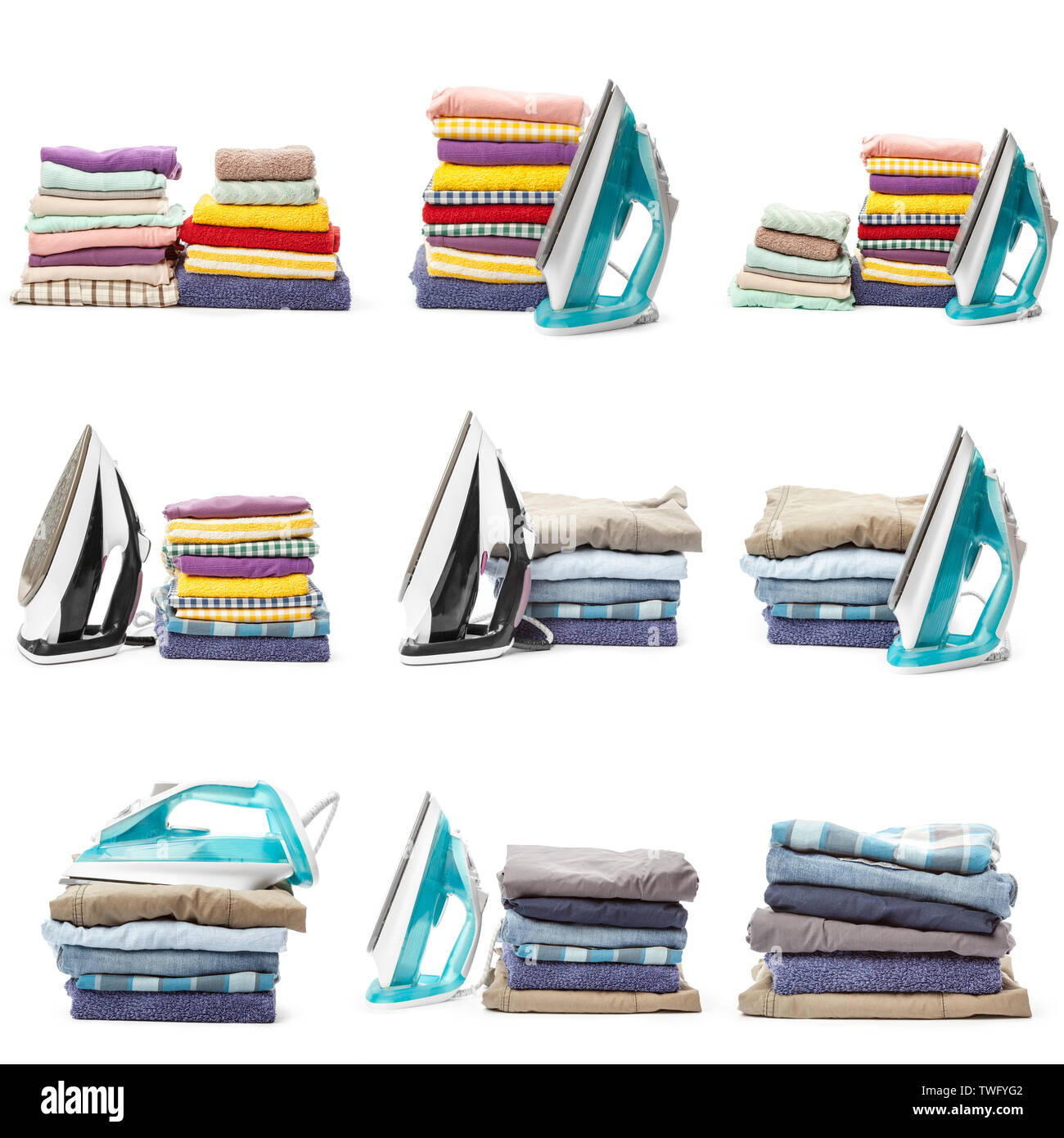 stacks of clothing collection isolated on white Stock Photo - Alamy