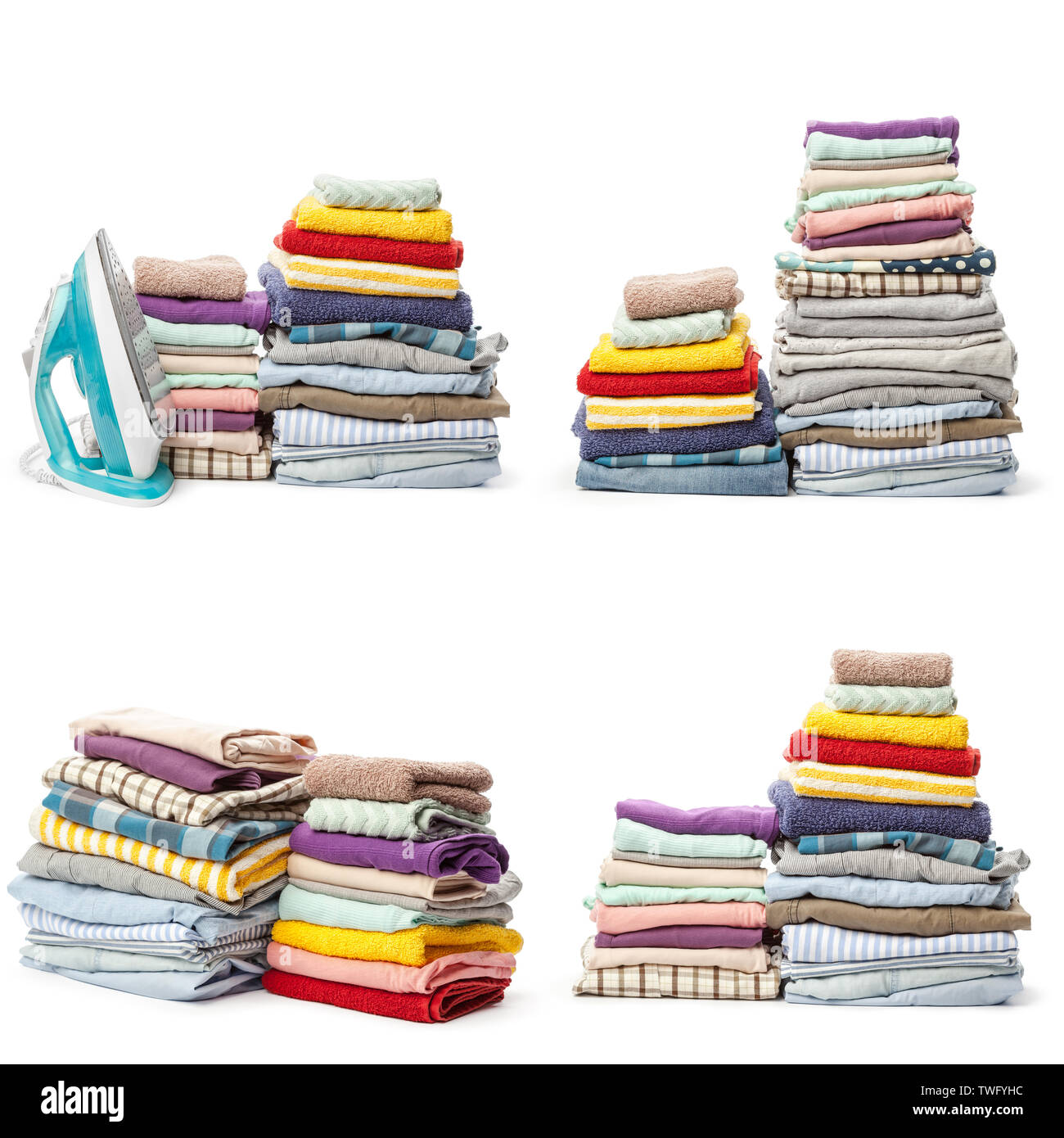 stacks of clothing collection isolated on white Stock Photo - Alamy