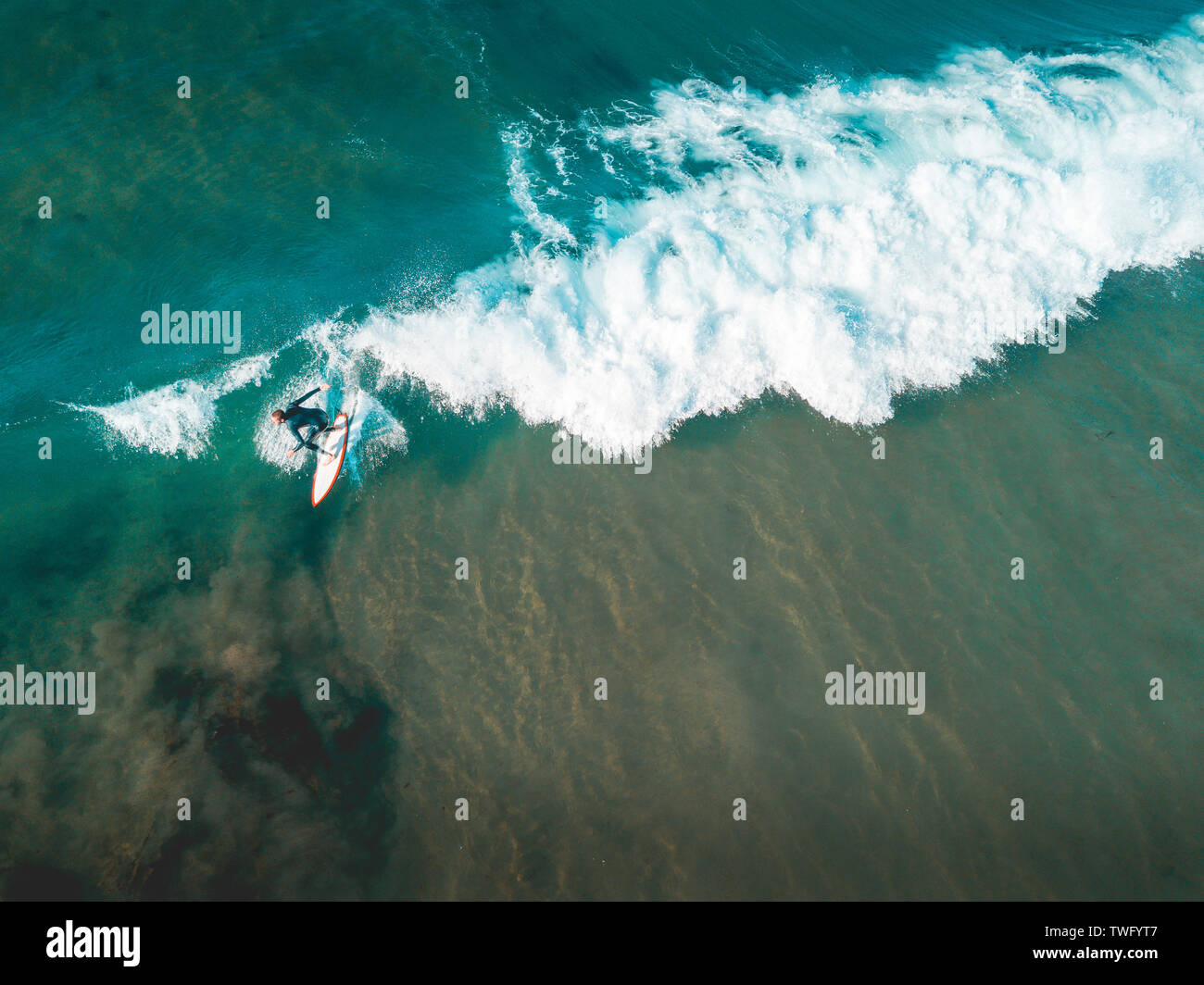 Aerial view of a surfer, Barwon Heads, Bellarine Peninsula, Victoria ...