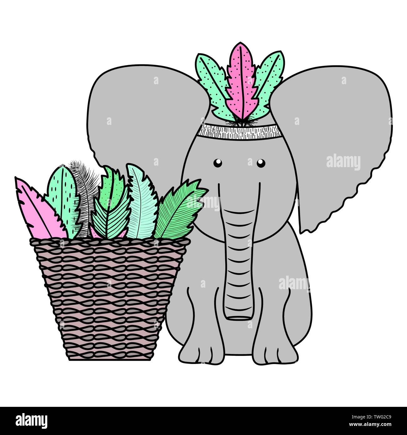 elephant with feathers hat and basket straw bohemian style vector ...